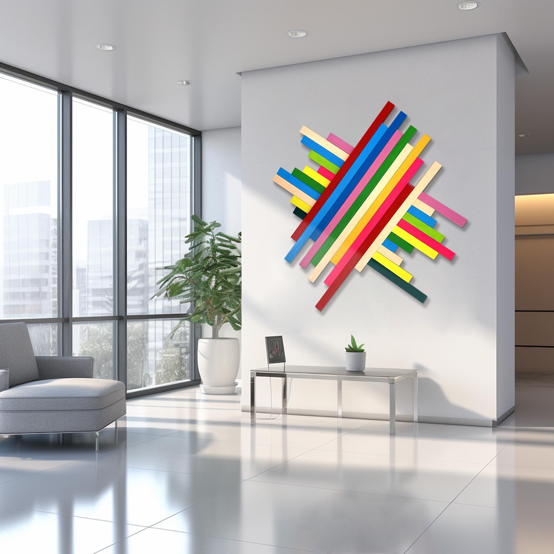 Rainbow Colorful Geometric Wood Wall Art Abstract 3D Wood Painting Slat ...
