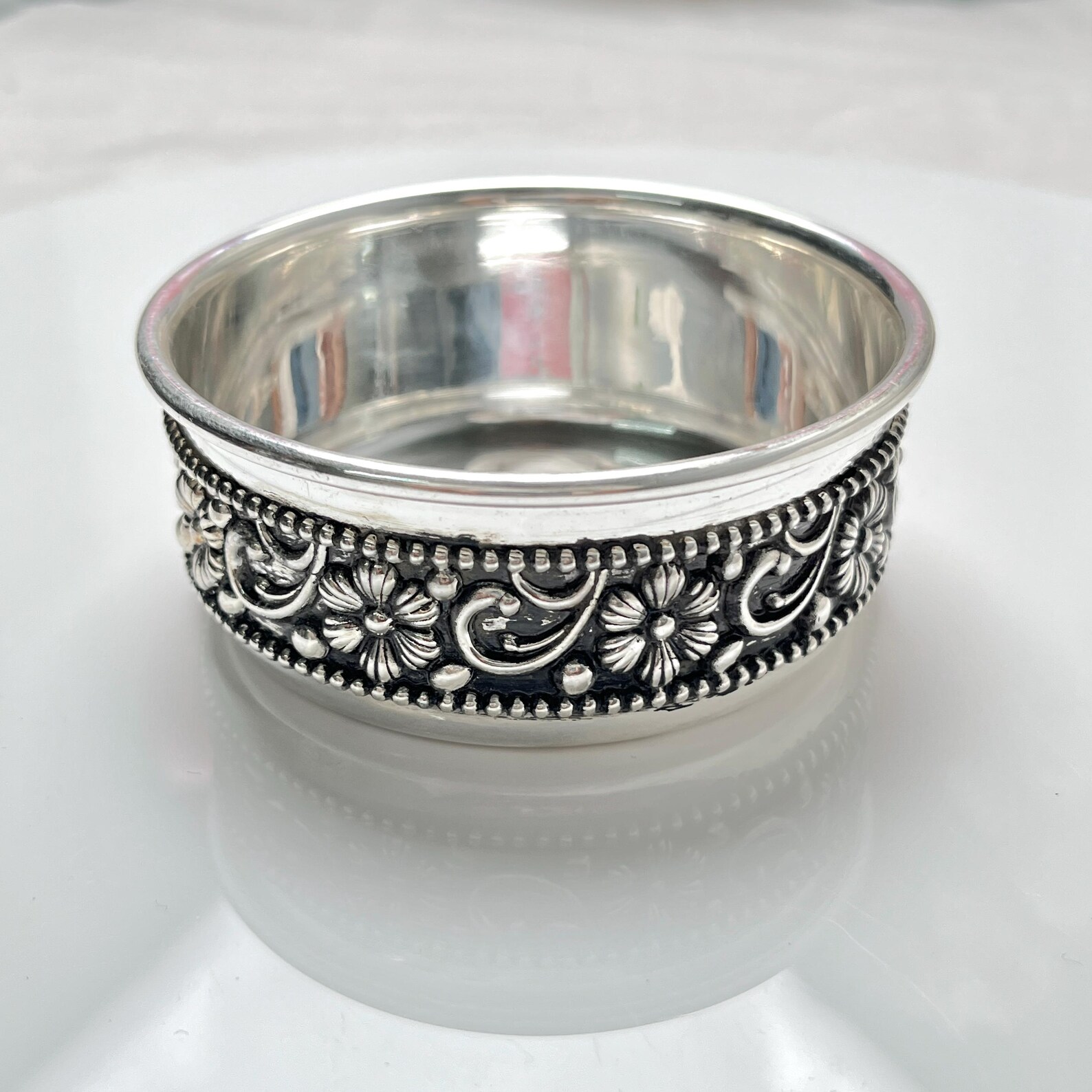 Handcrafted 925 Sterling Silver Bowl: Floral Engraved, Oxidized Finish ...