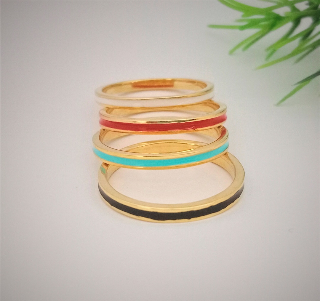 Set of 2, 925 Sterling Silver Enamel Rings | Minimalist Enamel Band ...