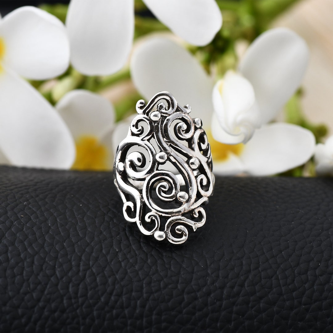 925 Silver Scroll Swirl Ring, Long Finger Heavy Swirl Ring, Long Scroll ...