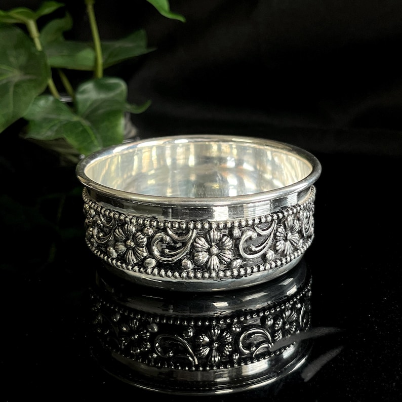 Handcrafted 925 Sterling Silver Bowl: Floral Engraved, Oxidized Finish ...