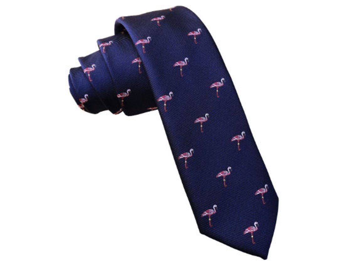 Navy Blue Pink Flamingo Skinny Tie Mans Novelty Necktie Animal Print ...