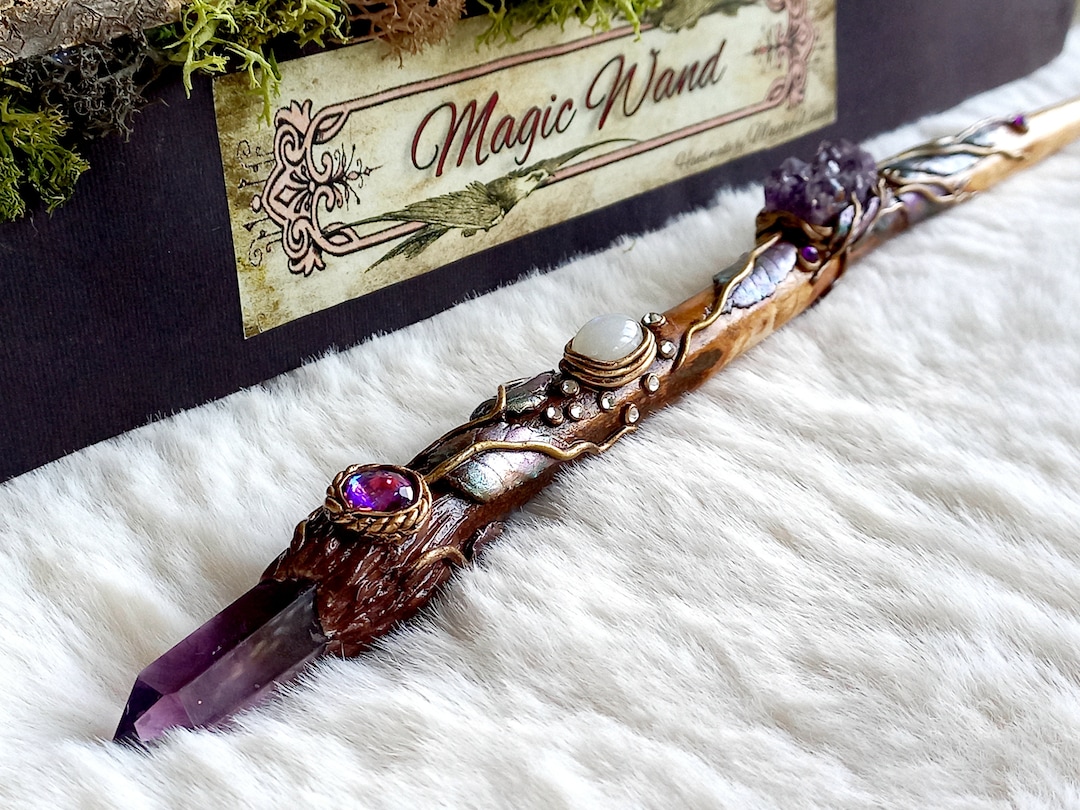 Amethyst and Moonstone Magic Wand, Wooden Wand, Polymer Clay, Witchy ...