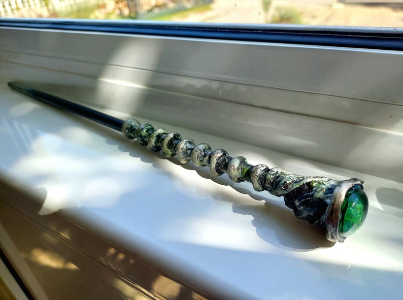 Magic Wand Green and Silver Wooden Fairy Wand Witchy - Etsy