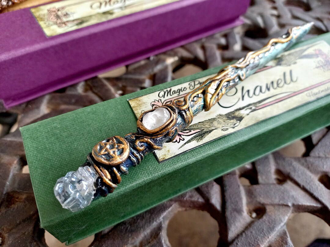 Skull Magic Wand Pen, Pentacle Magic Pen, Clear Quartz Crystal, Written ...