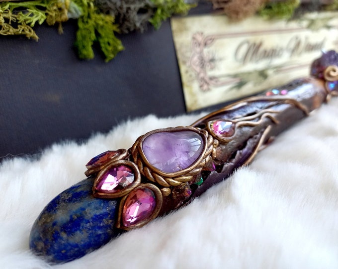 Amethyst and Lapis Lazuli Magic Wand, Wooden Wand, Polymer Clay, Witchy ...