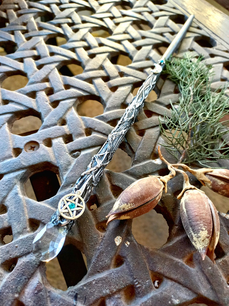 Magical Wand Pentacle and Moon. Black and Silver. Wiccan Wand. - Etsy
