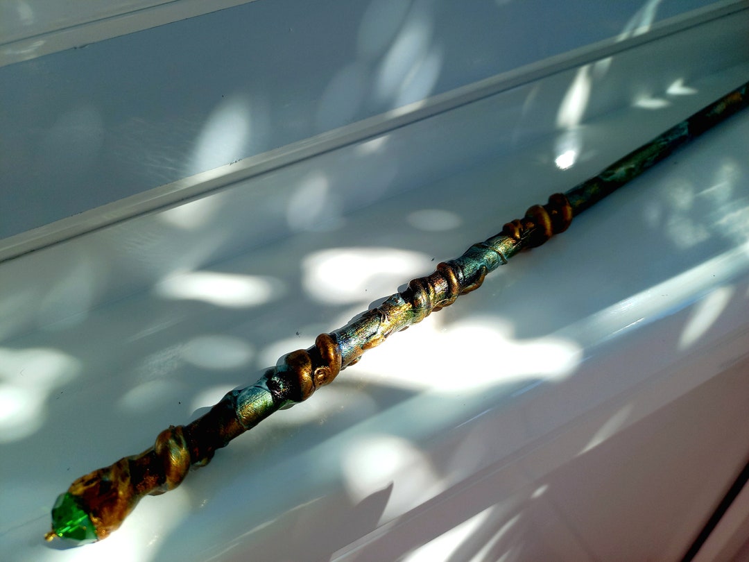 Magic Wand. Halloween Wand. Green and Gold Magic Wand. Wood - Etsy