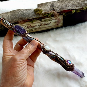 Amethyst and Moonstone Magic Wand, Wooden Wand, Polymer Clay, Witchy ...