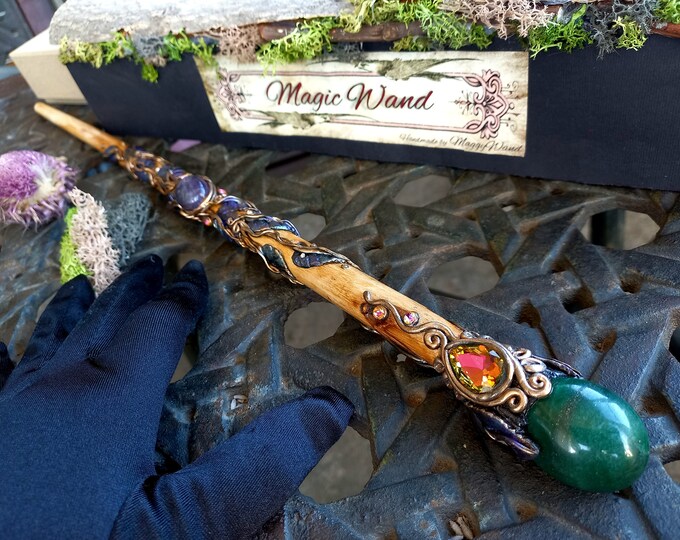 Magic Wooden Wand, Aventurine Gemstone, Amethyst Crystal, OOAK - Etsy