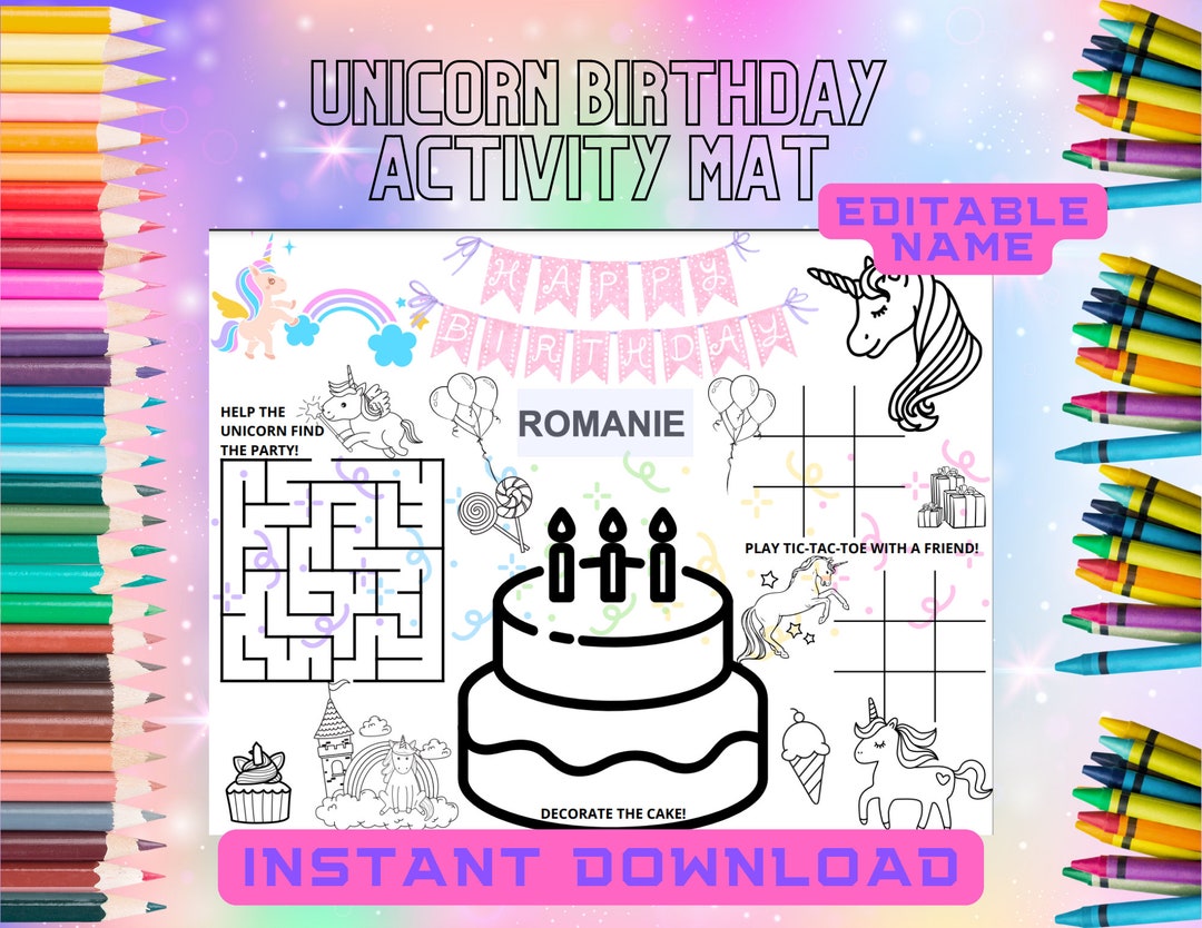 Unicorn Birthday Activity Mat- Instant Download-editable - Etsy