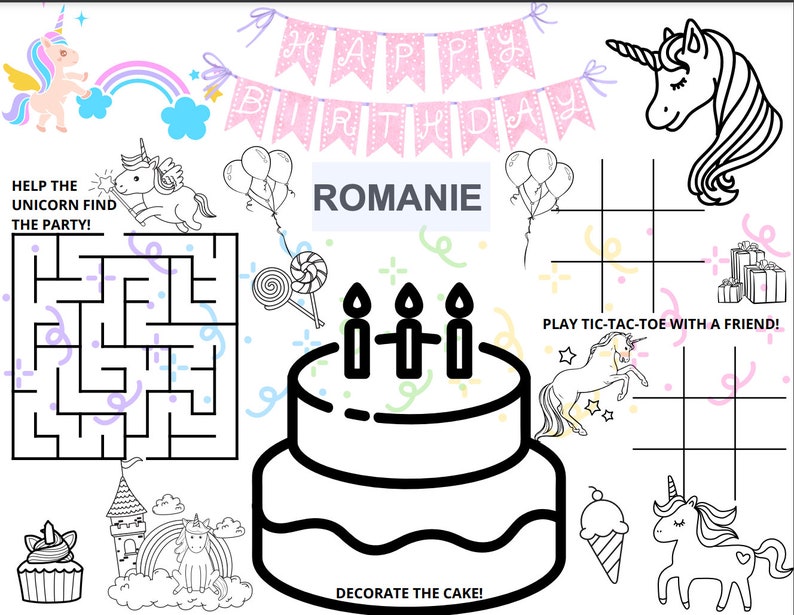 Unicorn Birthday Activity Mat Instant Download-editable - Etsy
