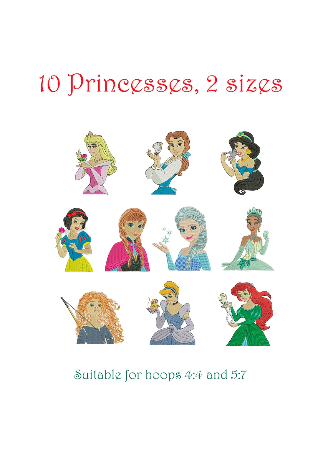 Movie Inspired. Machine Embroidery Design File. Princess, 10 Princesses ...