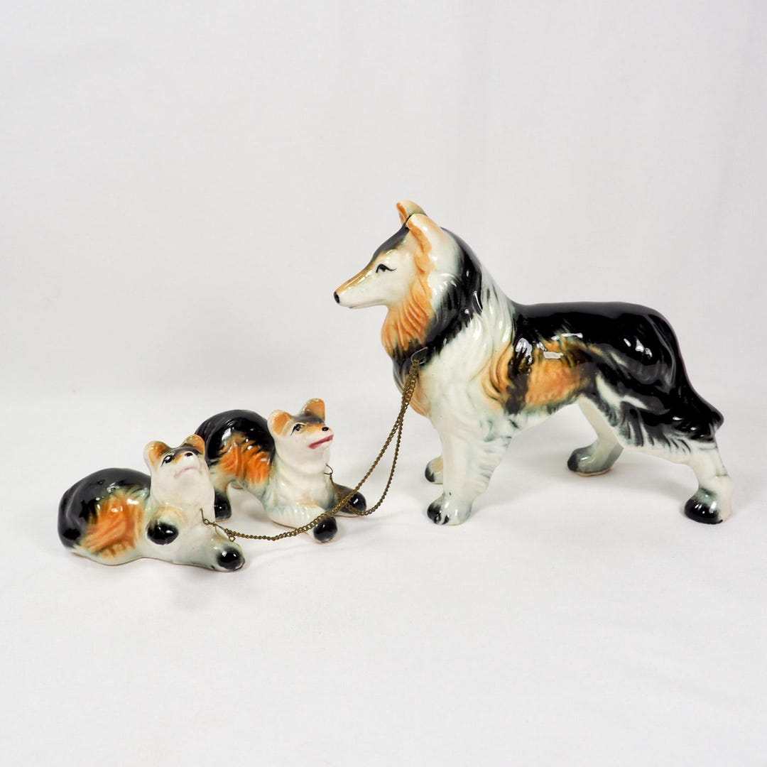 Vintage Collie Dog With Puppies Figurine Set on Chains Mid-century ...