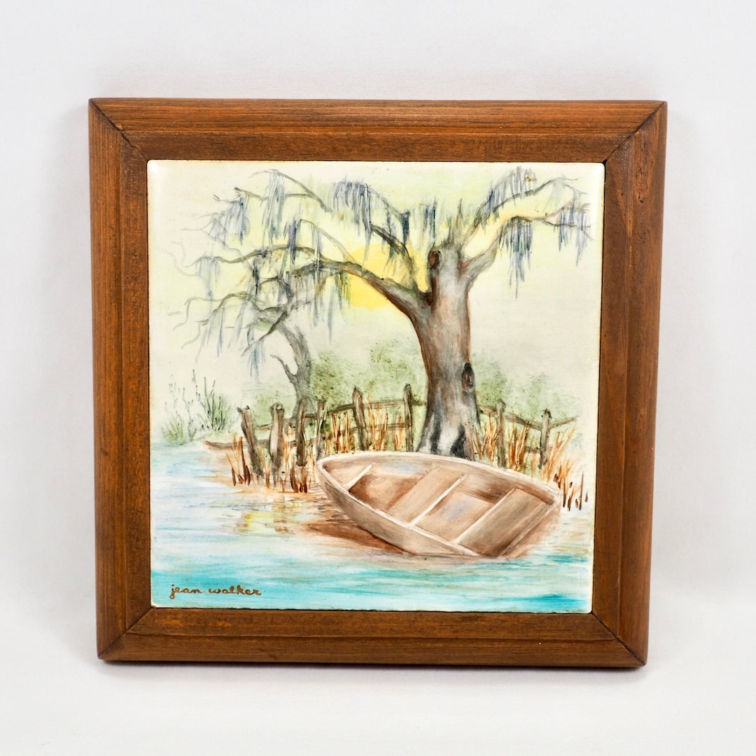 Hand Painted Tile in Wood Frame Artist Signed Jean Walker Row Boat and ...