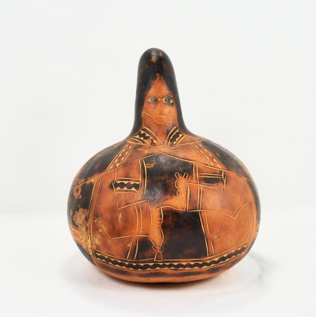Vintage Folk Art Gourd Hand Carved Figural Woman With Braided Pigtails ...