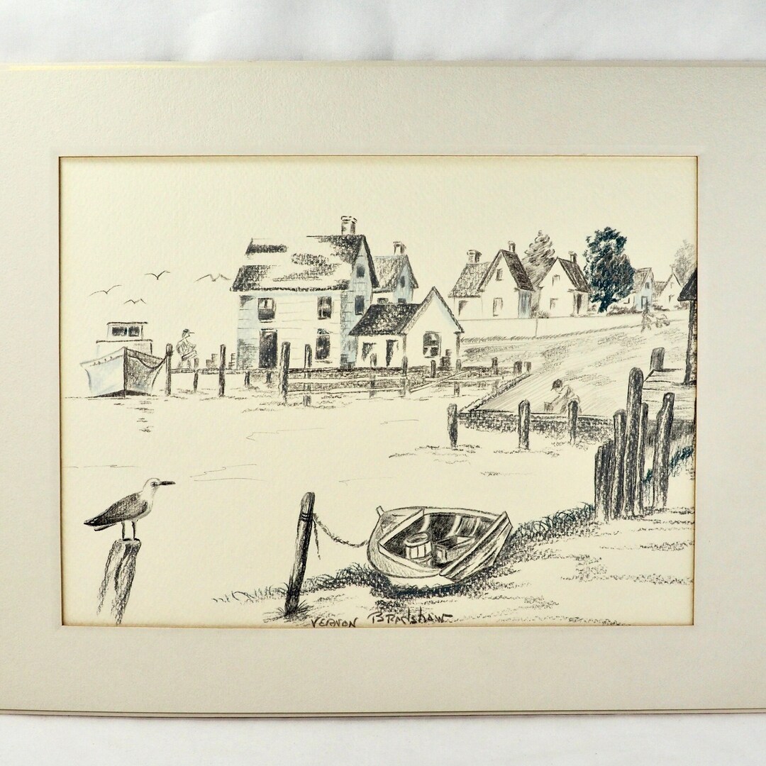 Hand Drawn Seaside Artist's Sketch Vernon Bradshaw Blue Tinted ...
