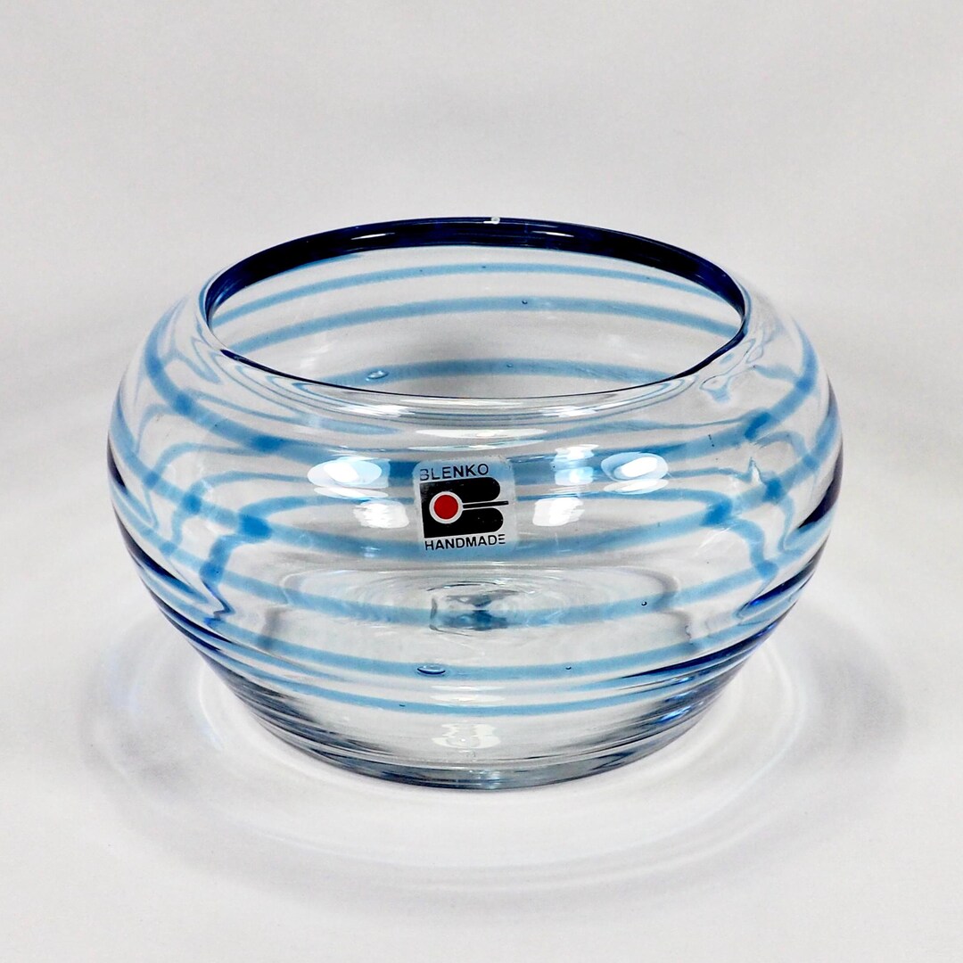 Blenko Handmade Art Glass Bowl With Blue Swirl Pattern - Vintage Mid ...