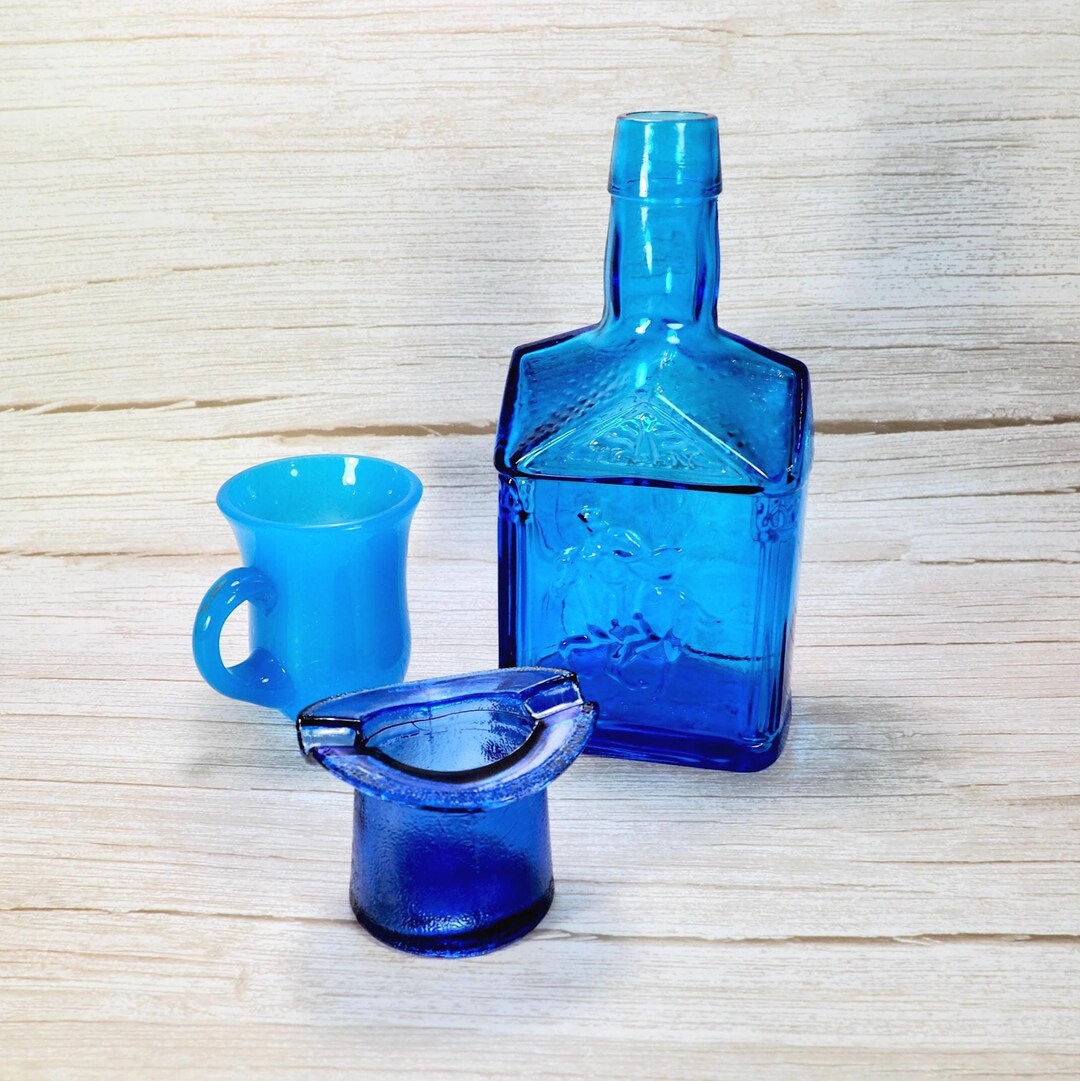 Vintage Wheaton Blue Glass Bottle Lot With Mug and Ashtray MCM Decor - Etsy