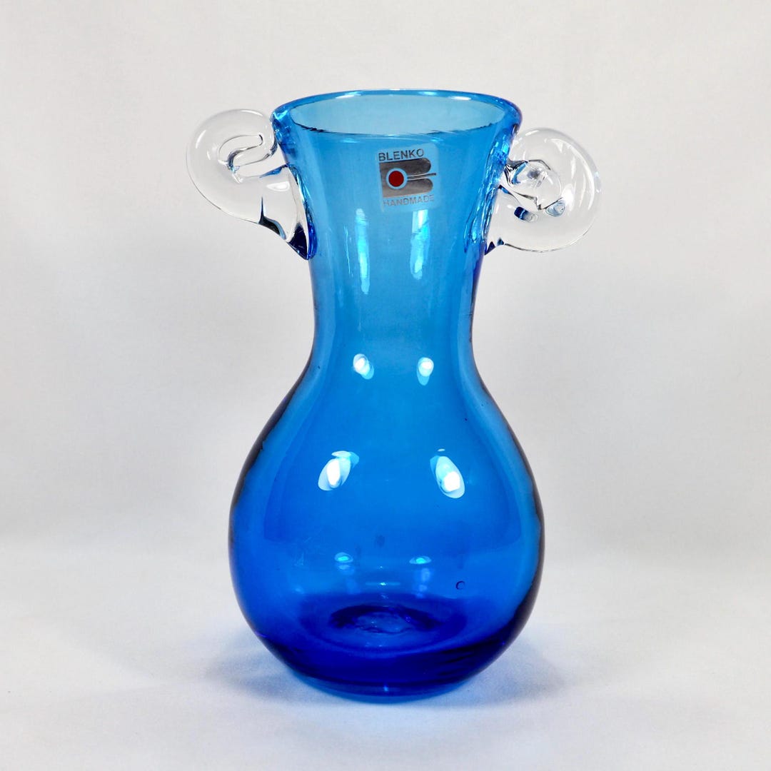 Vintage Blenko Art Glass Vase Blue With Clear Handles, Handmade - Etsy
