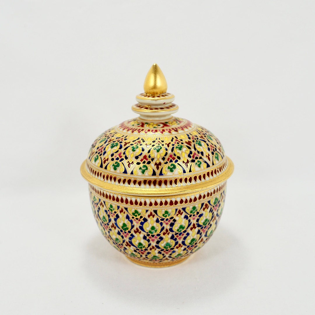Vintage Thai Benjarong Ceramic Lidded Bowl Multicolor With Gold Trim ...