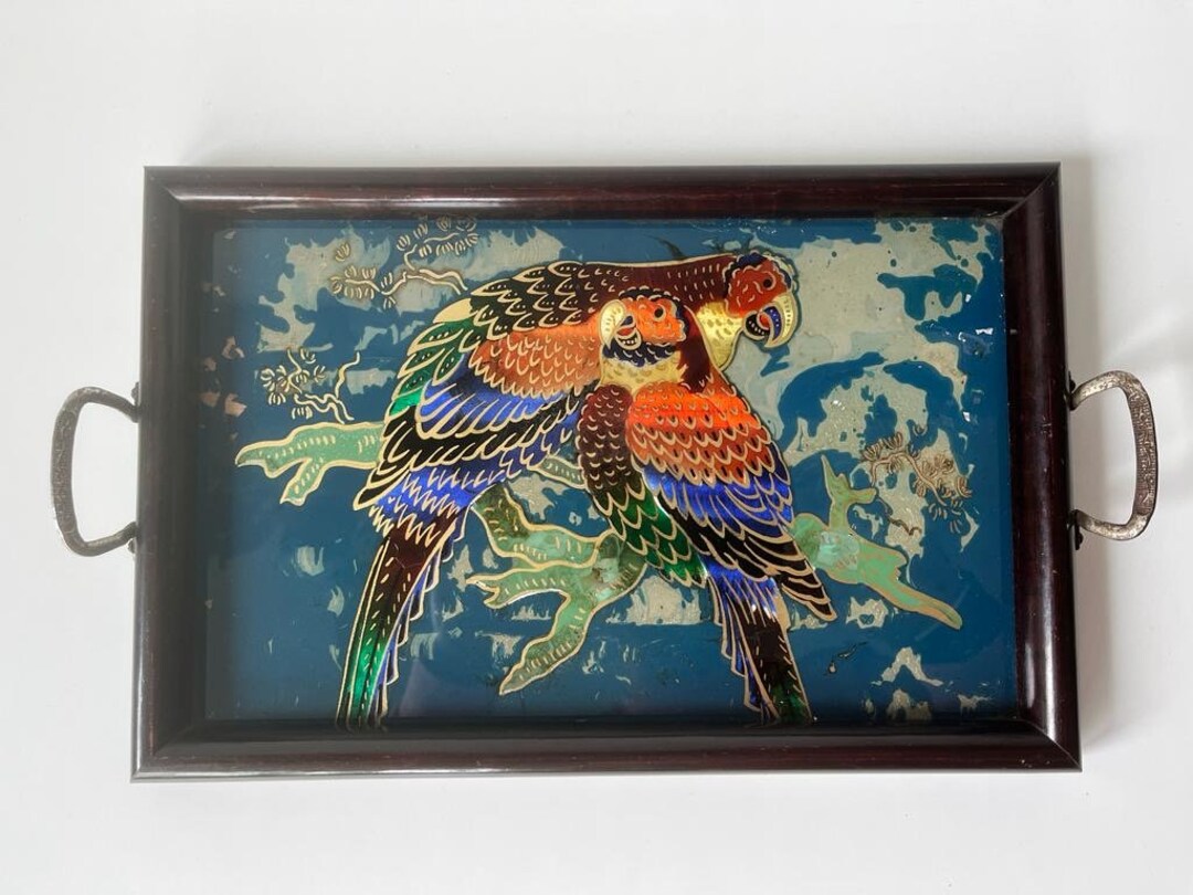 Vintage Art Deco Reversed Painted Glass Tray Parrots Shabby Chic Manoir ...