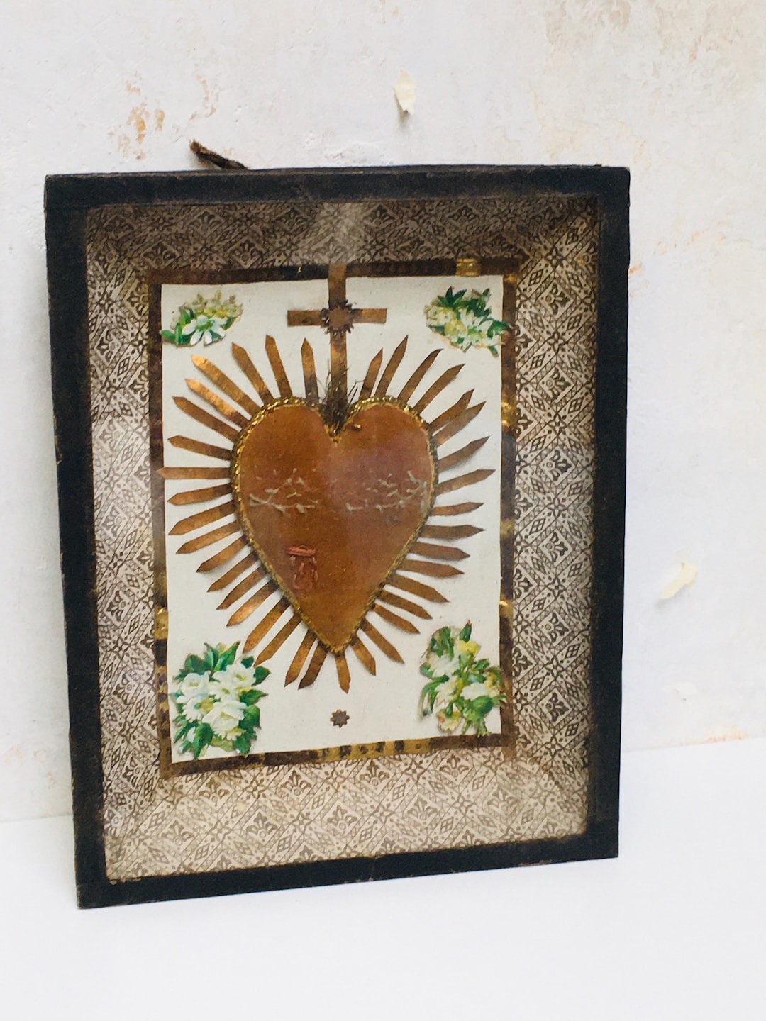 Antique Sacred Holy Heart Ex-voto Relic Catholic Flaming Hearts in ...