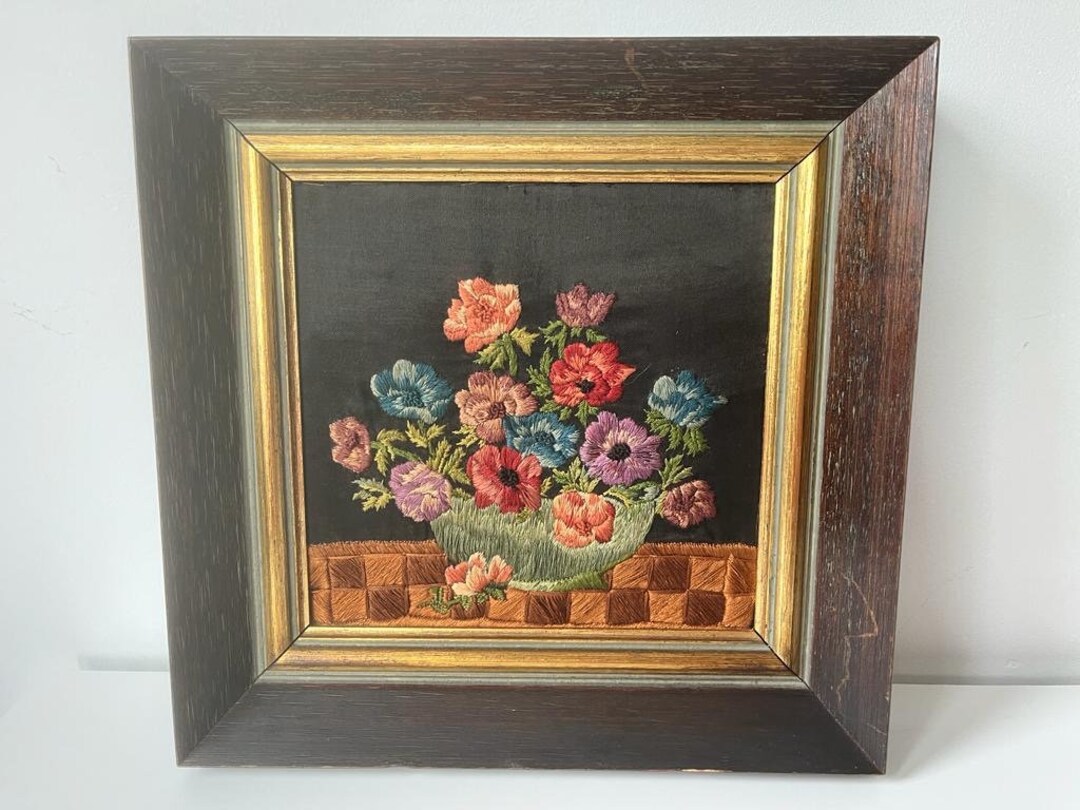 Vintage Embroidered Flower Art Framed Antique Crewel Chateau Manoir ...