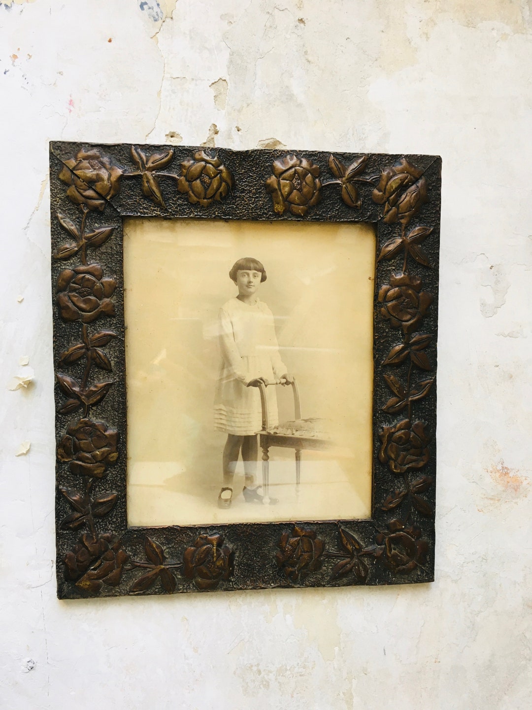 Large Antique Edwardian Photo Frame Wall Handmade Embossed Copper Brass ...