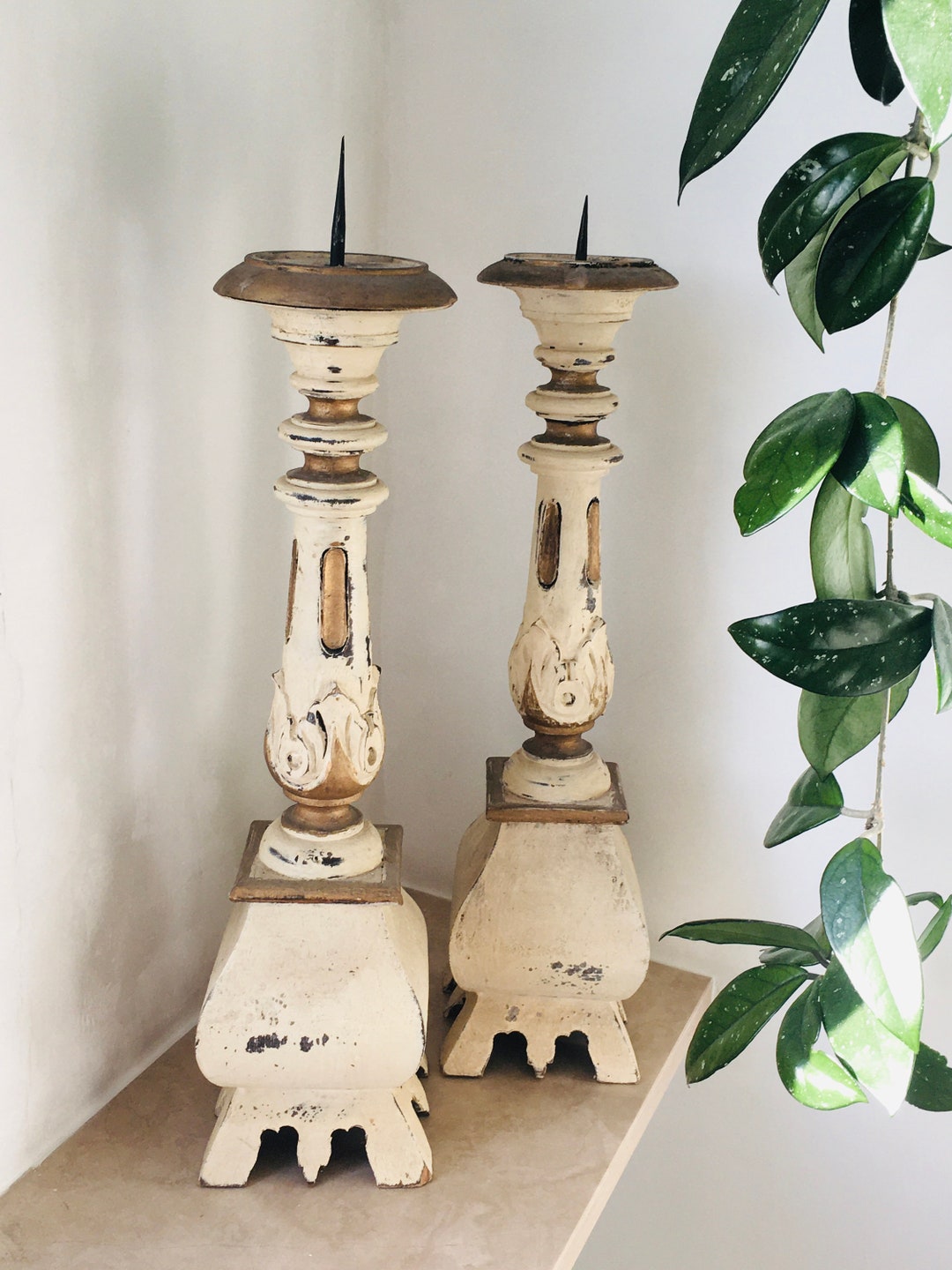 Nice Set of 2 Large Carved Wood Baroc Candlestick Candle Holders French ...