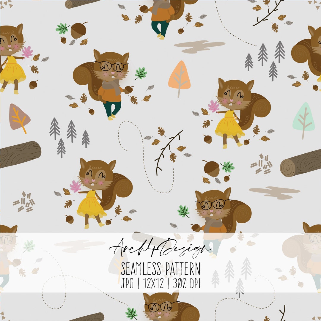 Mr and Mrs Squirrel Grey Background Seamless Pattern | Vector Pattern ...