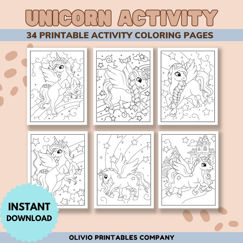 Magical Unicorn Activity Pages, Cute Unicorn Coloring Printable for ...