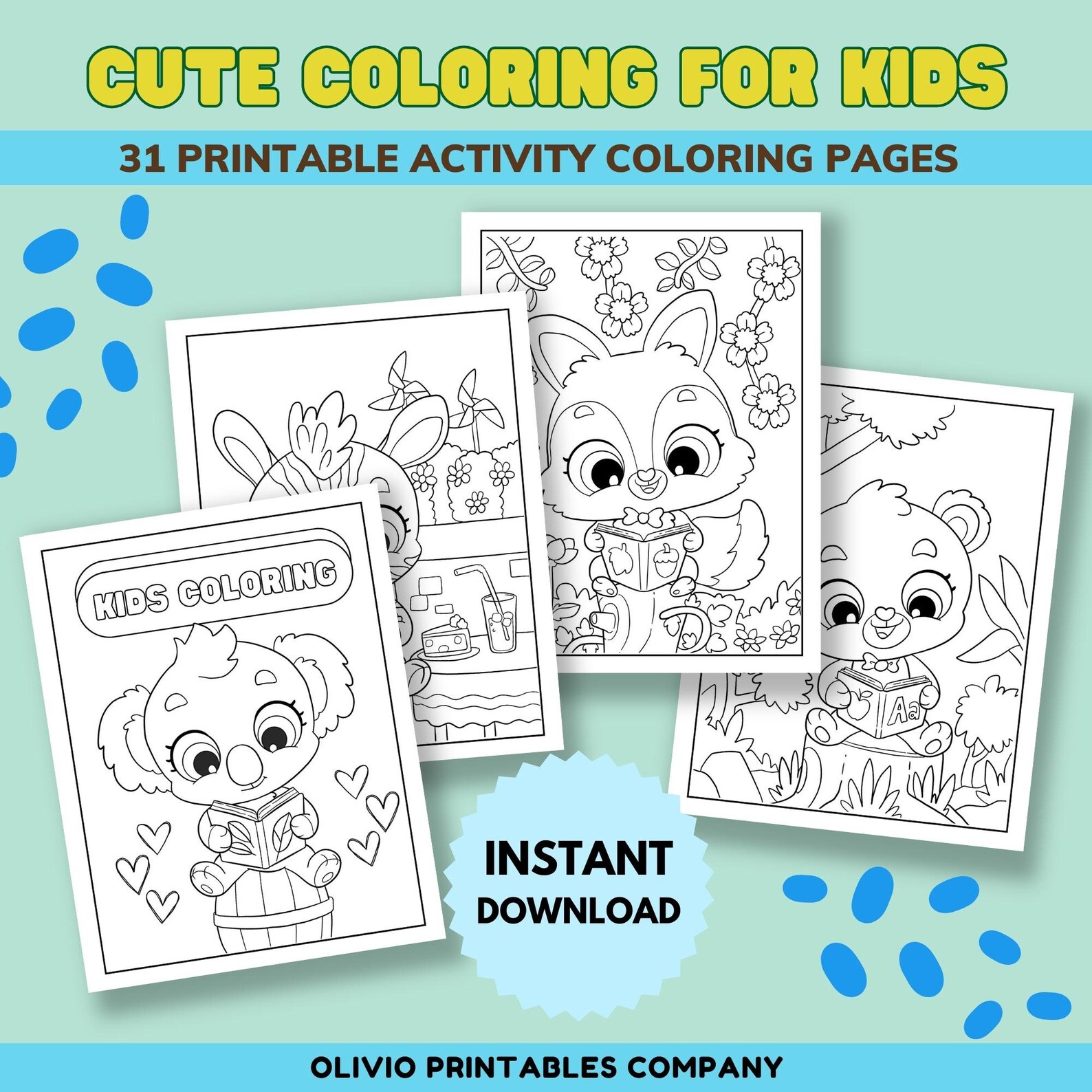 Coloring Pages for Kids, Cute Animals Activity Pages, Printable Cute ...