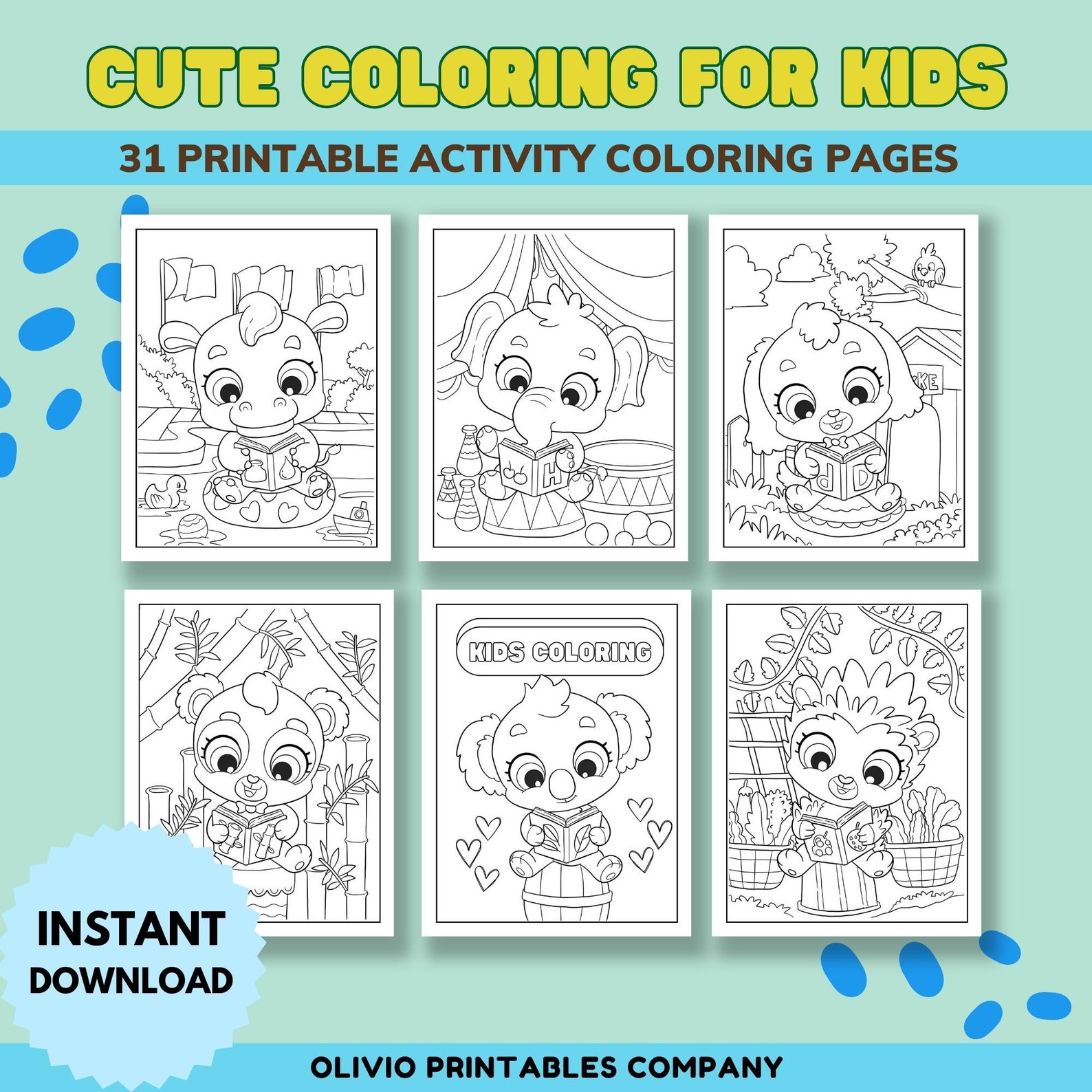 Coloring Pages for Kids, Cute Animals Activity Pages, Printable Cute ...