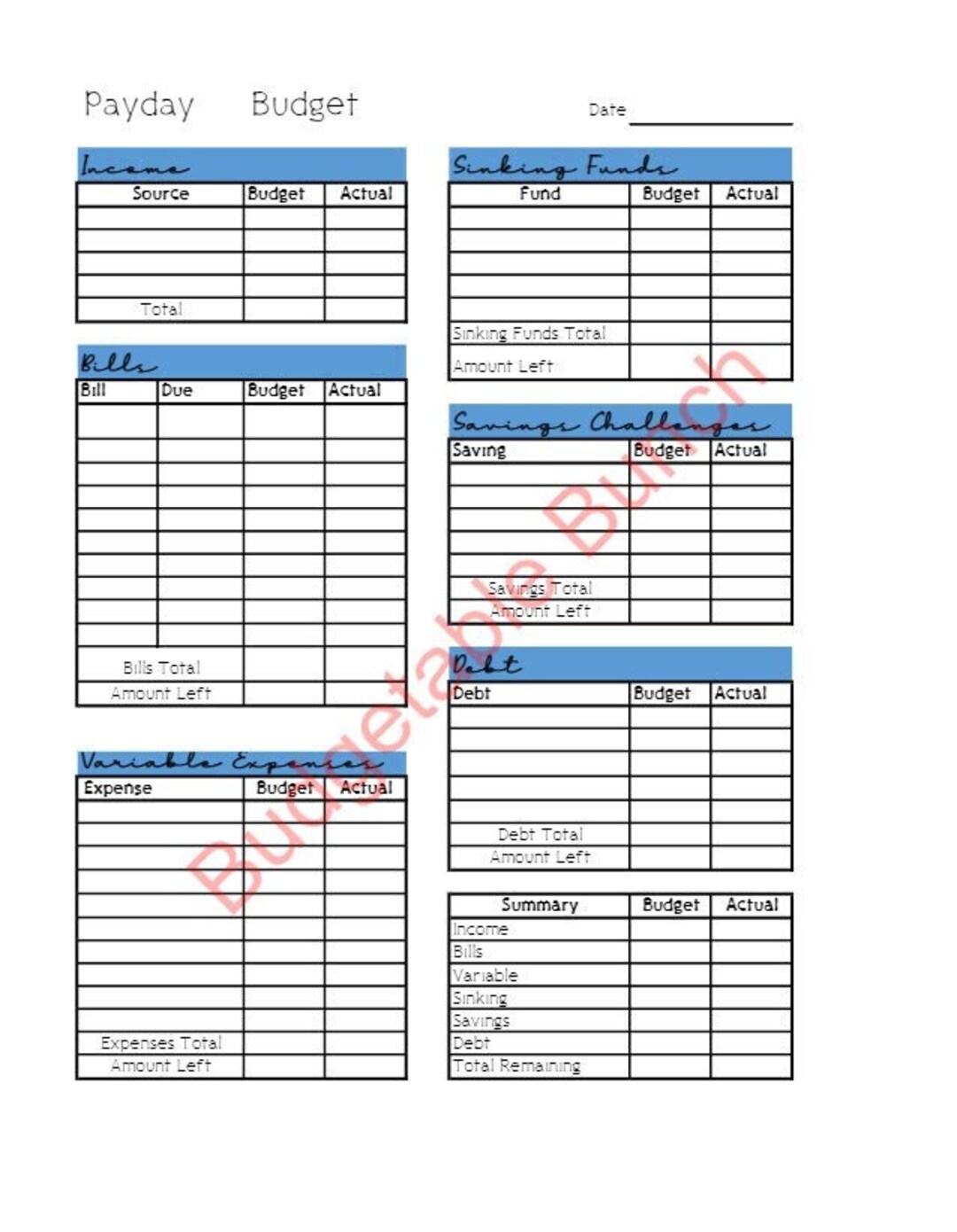 Printable Payday Budget Sheet Plain - Etsy