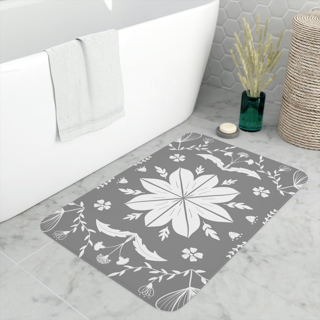 Bathmat Boho Bathroom Mat for Vanity Grey Floral Shower Mat Anti-slip ...