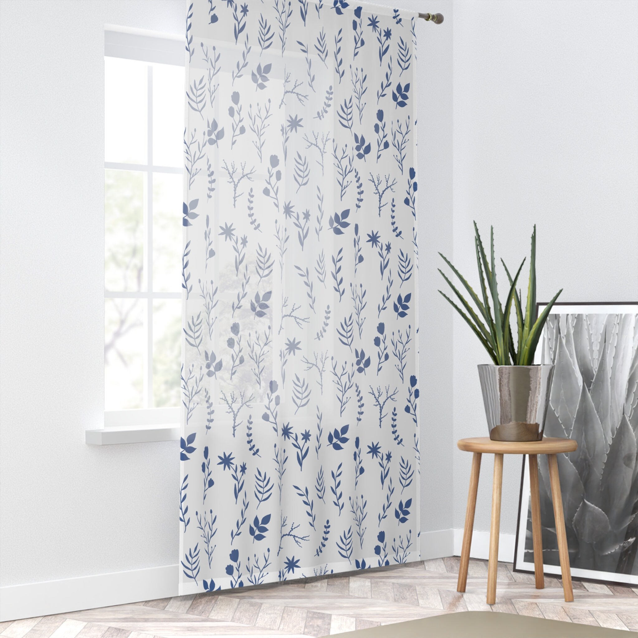 Blue & White Long Floral Print Curtain - Elegant and Coordinated Living ...