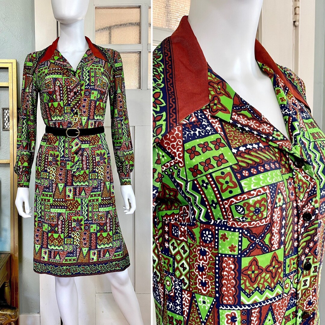 Vintage 60s Small Lady Bayard Brown Green Batik Print Sheath Dress - Etsy