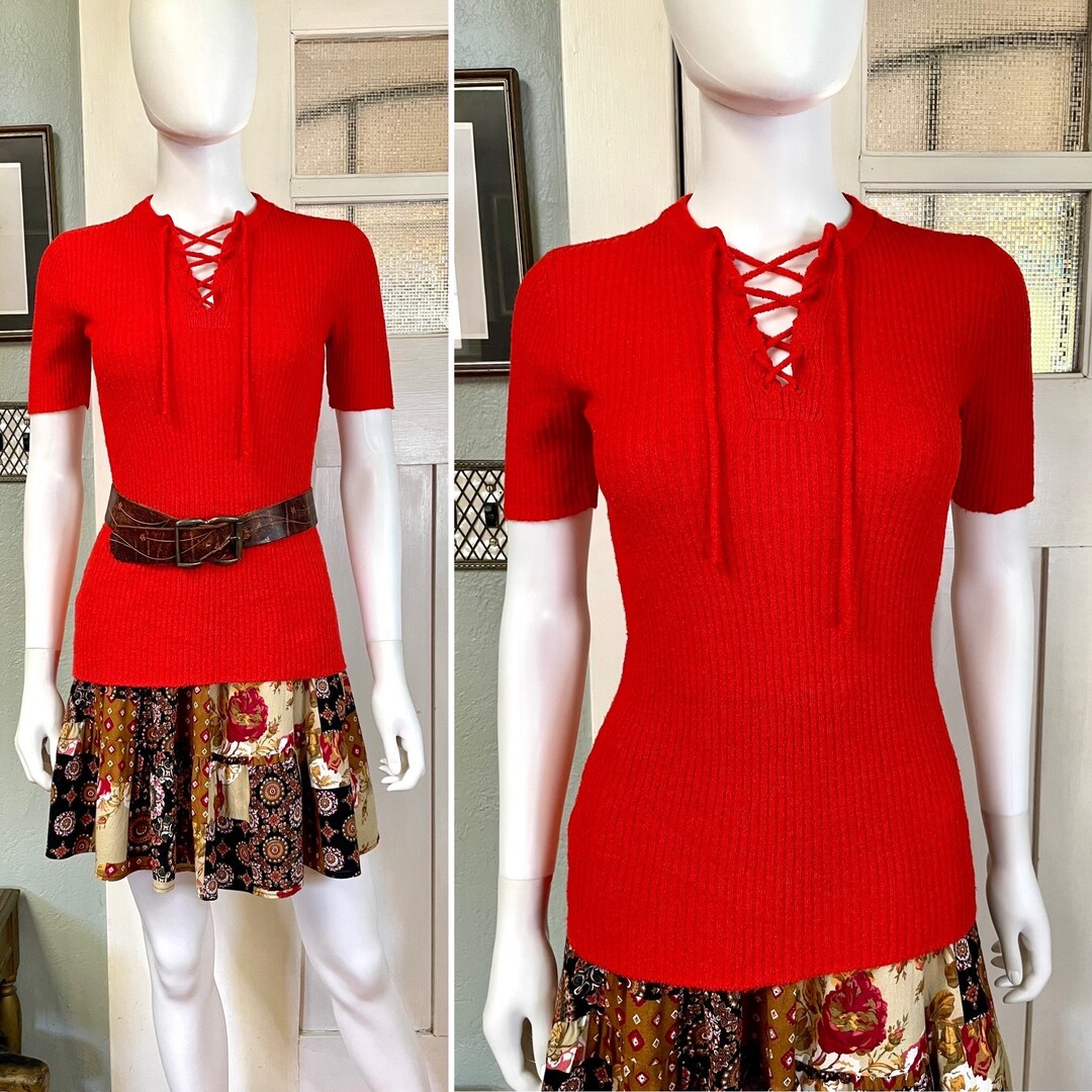 Vintage 70s Small Garland Lace up Tomato Red Rib Knit Sweater Top - Etsy