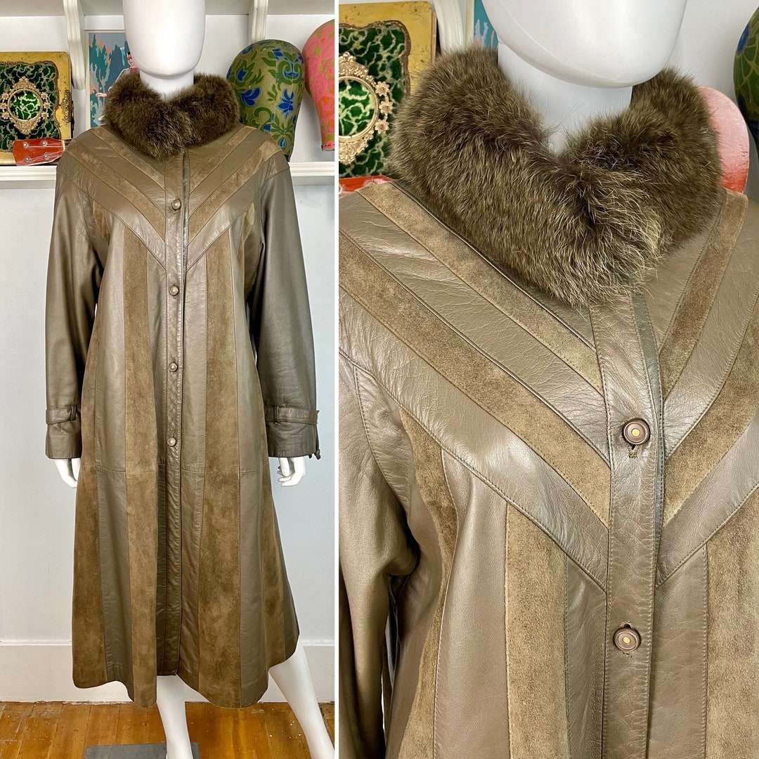 True Vintage 80s Xlarge Norma Taupe Leather Suede Fur Collar Swing Coat ...