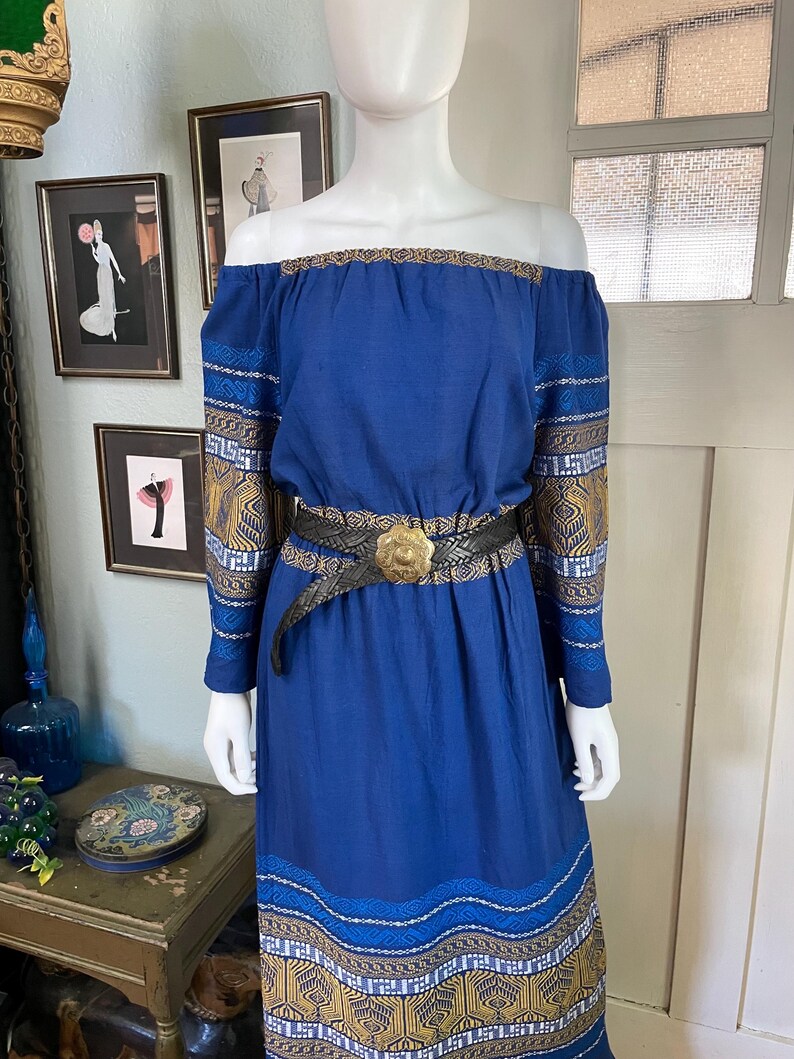 Vintage 70s One Size Greek Deep Blue Embroidered Peasant Style Maxi ...