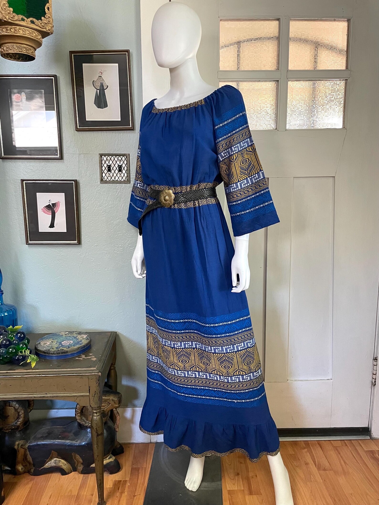 Vintage 70s One Size Greek Deep Blue Embroidered Peasant Style Maxi ...