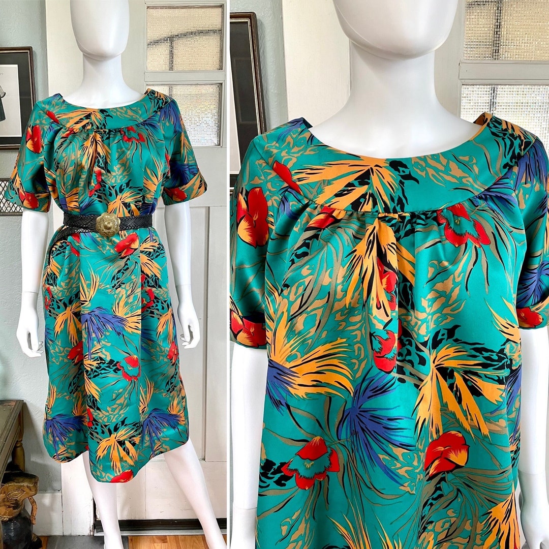 Vintage 70s Small Paradise Hawaii Teal Tropical Print Muumuu Hawaiian ...