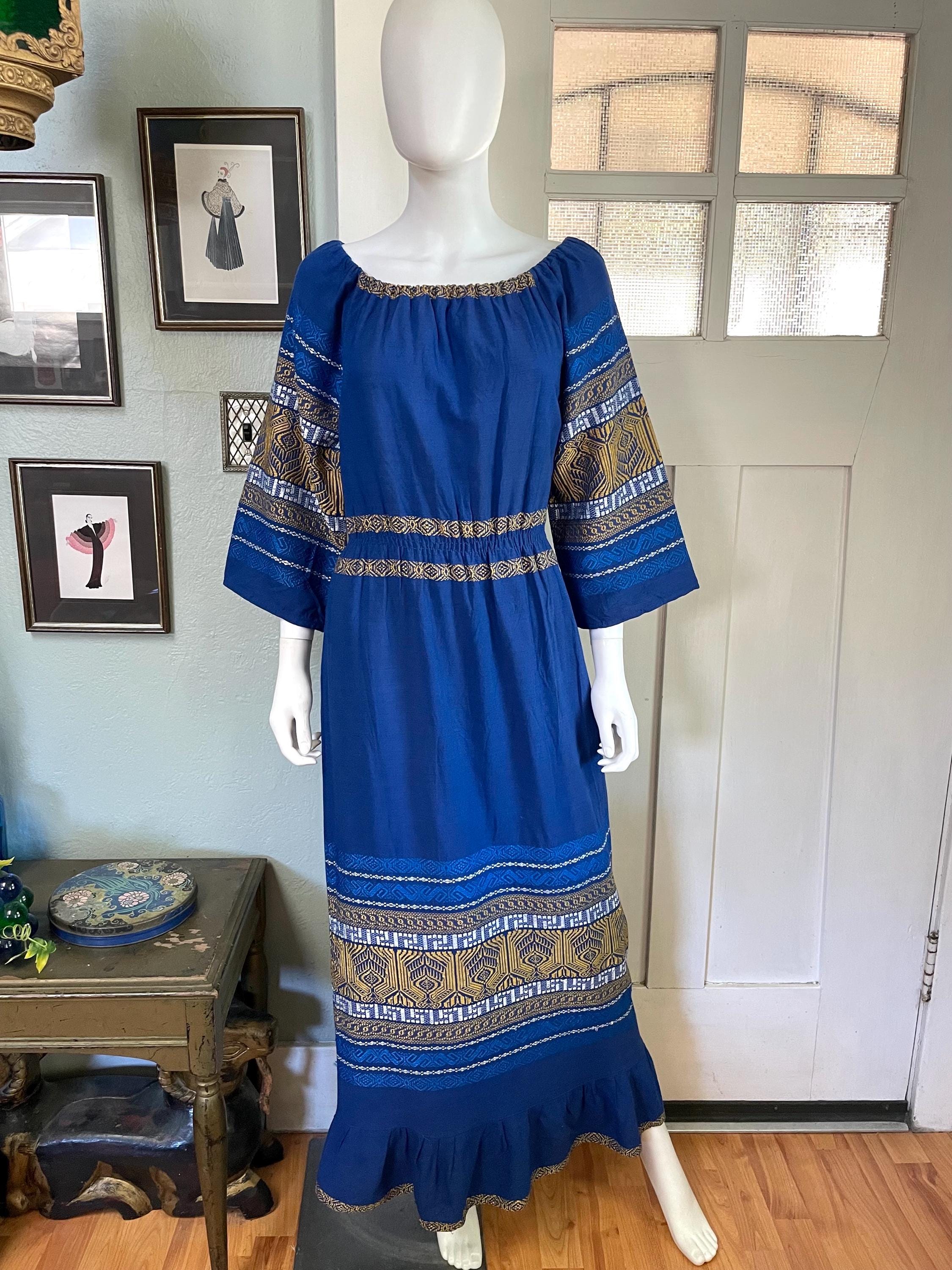 Vintage 70s One Size Greek Deep Blue Embroidered Peasant Style Maxi ...