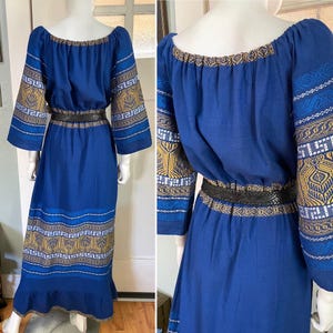 Vintage 70s One Size Greek Deep Blue Embroidered Peasant Style Maxi ...