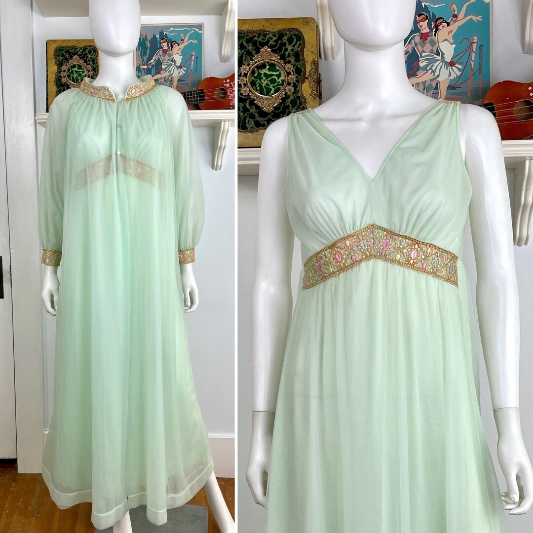 True Vintage 60s Small Medium Miss Elaine Seafoam Green Chiffon And