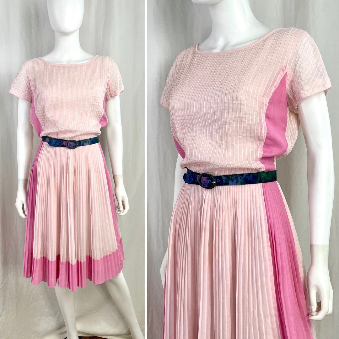 Vintage 60s Medium Justin Mccarty Pink Color Block Pleated Voile Dress ...