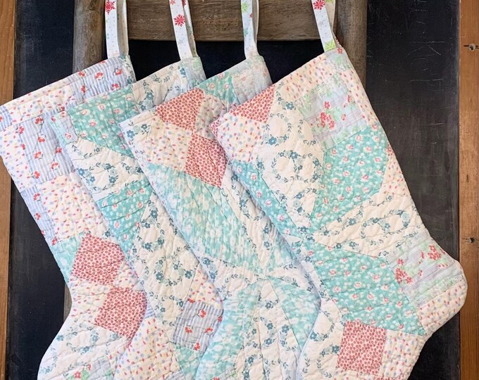 Christmas Stocking/quilt Stocking/vintage Aqua Red Christmas Stocking/handmade Quilt Stocking ...