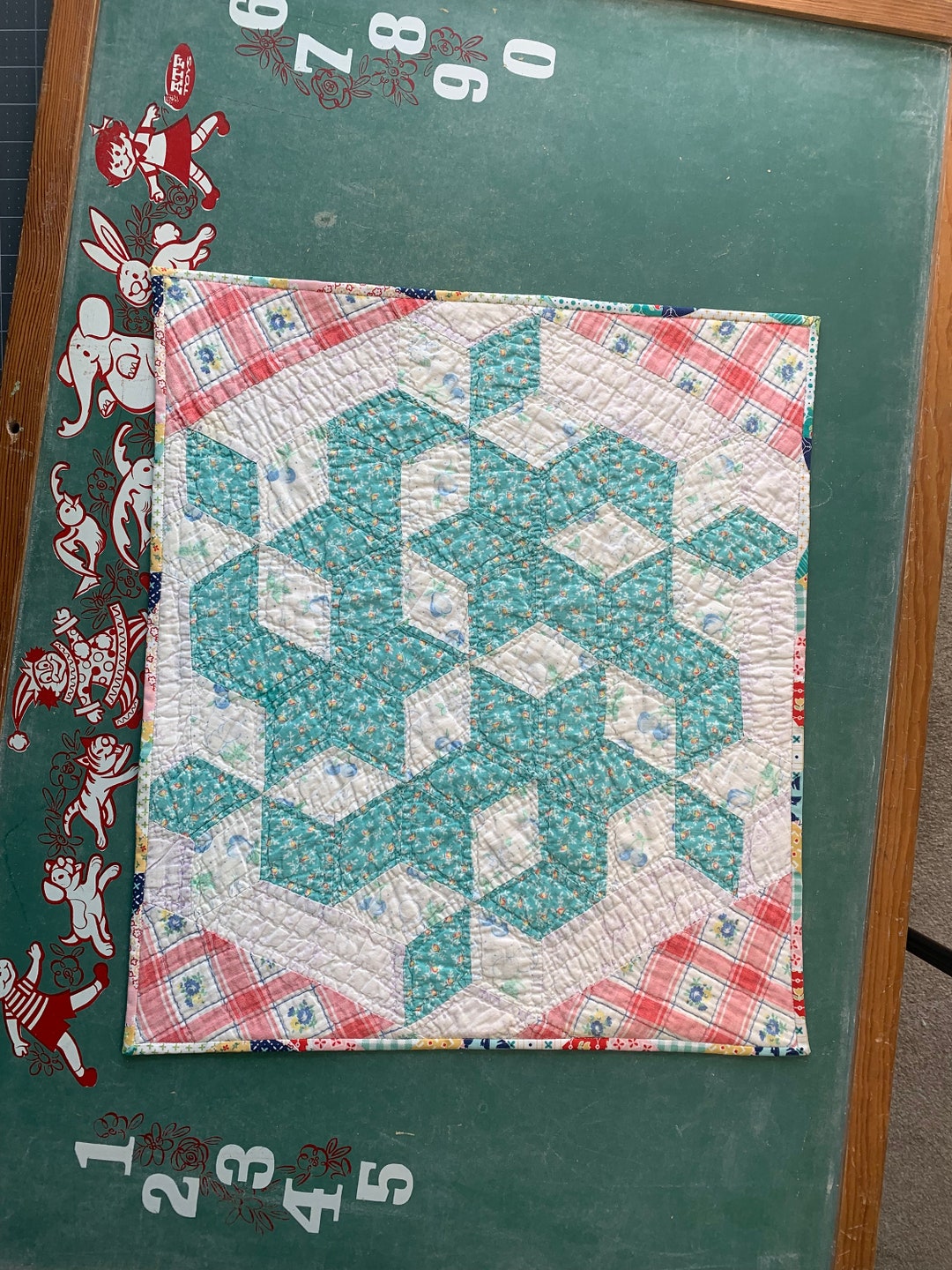 Small Vintage Quilt/quilted Table Topper Table Runner Red Aqua/farm ...
