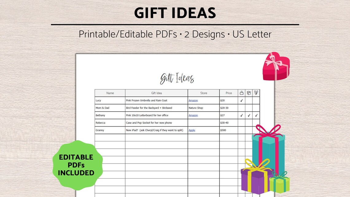 Gift Ideas List Printable & Editable - Etsy
